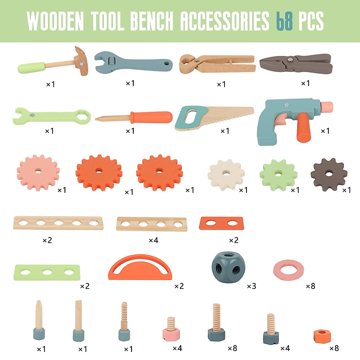 Wooden Power Tool Workbench for Kids, Building Tools Sets Pretend Play Toys - Construction Workbench with Wrench, Screwdriver, Miter Saw and Hammer - Educational Gift for Toddlers Age 3 and Up