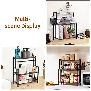 Giikin 3 Tier Adjustable Spice Rack Organizer Storage Shelf , Kitchen Counter Standing Wood Seasonings Rack with a Wire Basket, Countertop Standing Holder for Kitchen, Bathroom, Cabinet, Pantry