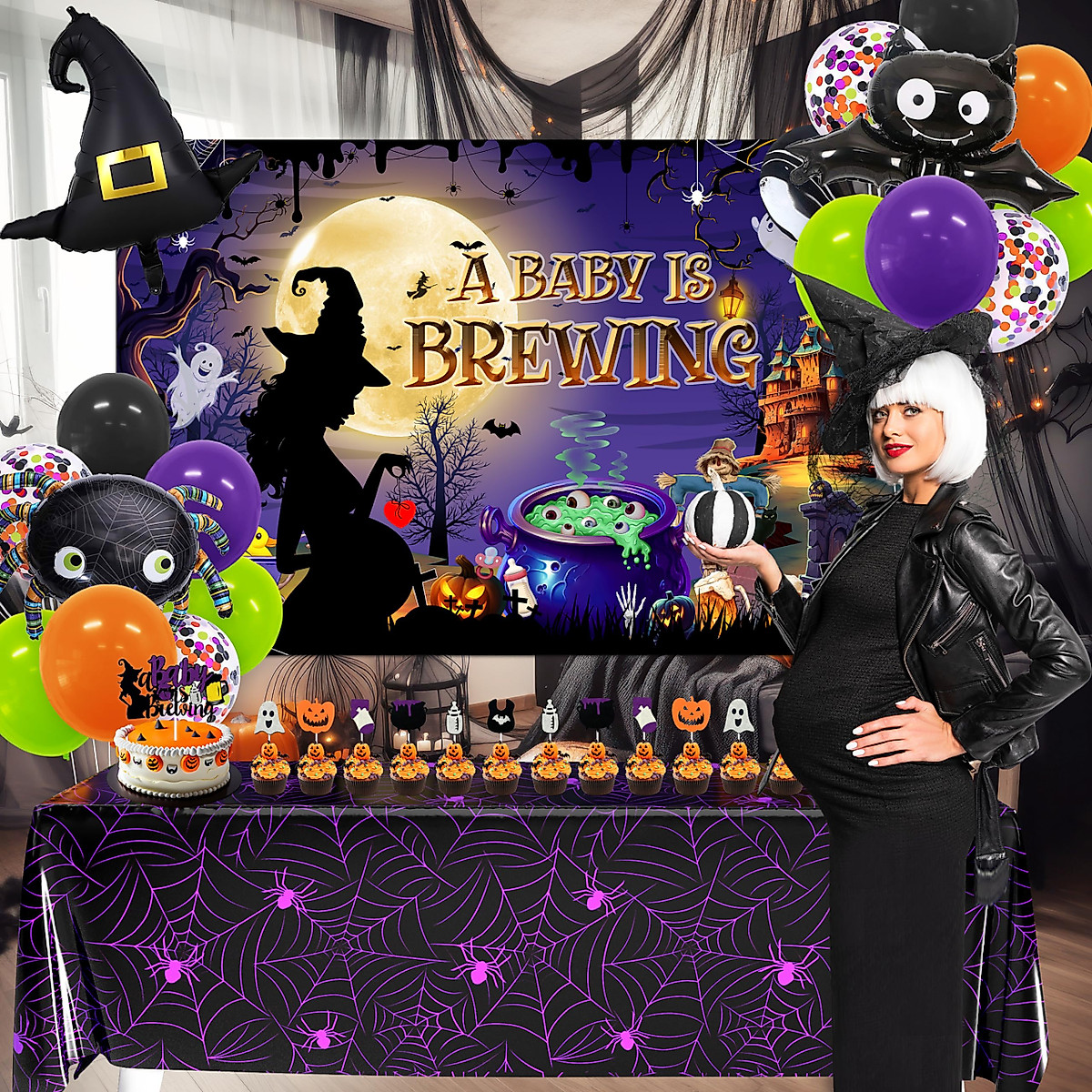 Halloween Gender Reveal Decorations Pack A Baby Is Brewing Party Supplies Include Balloons Tablecloth Backdrop Cake Topper 3D Bat Spider Wall Sticker Baby Shower Decorations Kits (Gender-01)