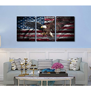KALAWA American Flag Wall Art Eagle Canvas Independence Day Artwork Red White Blue Painting Patriotic Concept Wall Decor the USA Flag Home Decor 3 Panels Print for Living Room Framed Ready to Hang