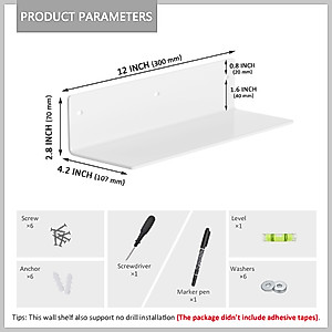 Sezanrpt 12 Inches White Acrylic Wall Shelves Set of 2, Wall Mounted Shelves for Plants, Speaker, Camera, Toiletries, Spice Jars, Coffee, Candles, Shoes, 2 Pack