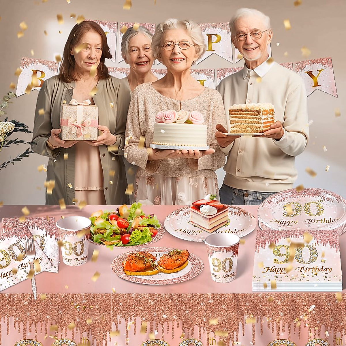 Visgo 90th Birthday Party Supplies for Women - 122 PCS 90th Birthday Decorations for Women, Serve 24 with Safe & Durable 90th Birthday Plates and Napkins -Complete 90th Birthday Party Decorations Set!