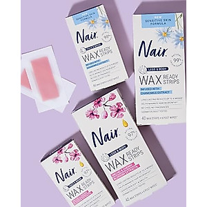 Nair Sensitive Hair Remover Wax Ready Strips, Legs and Body Hair Removal Wax Strips, 40 Count