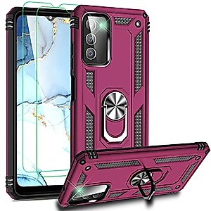 YmhxcY Galaxy A03S Case with Military-Grade Explosion-Proof Screen Protector【2 Pack】, Magnetic Car Mount Ring Holder Stand Cover for Samsung Galaxy A03S (6.5 Inch)-AA Wine Red