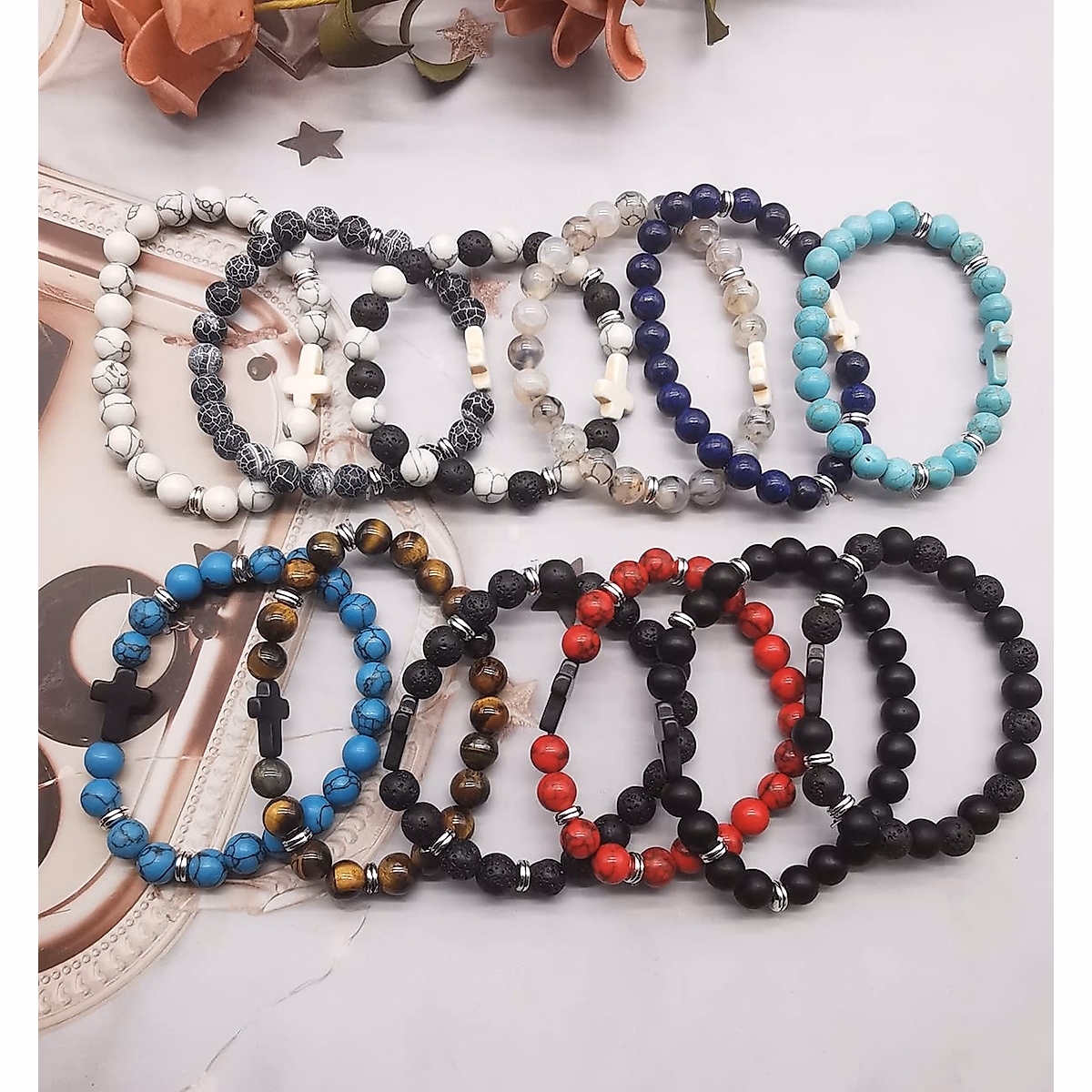 Svovin 12Pcs Fashion Religion Cross Men Women 8mm Natural Stone Lava Tiger Eye Stretch Anxiety Bracelets Unisex 7.5"