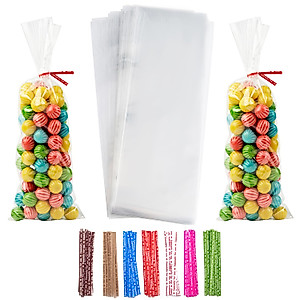 Volanic 100PCS Clear Treat Bags 4X11 Inches OPP Cello Cellophane Flat Bag With Colorful Twist Ties For Wedding Gift Candy Cookie Bakery Dessert Wrap