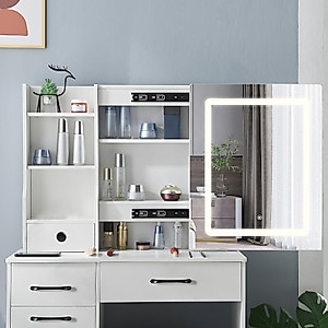 Kkonetoy White Vanity Desk with Lights, Makeup Desk Vanity Set with Sliding Mirror and 5 Drawers, Modern Makeup Vanity Dressing Table with Cushioned Stool for Girls Bedroom Dresser, 30560704LED