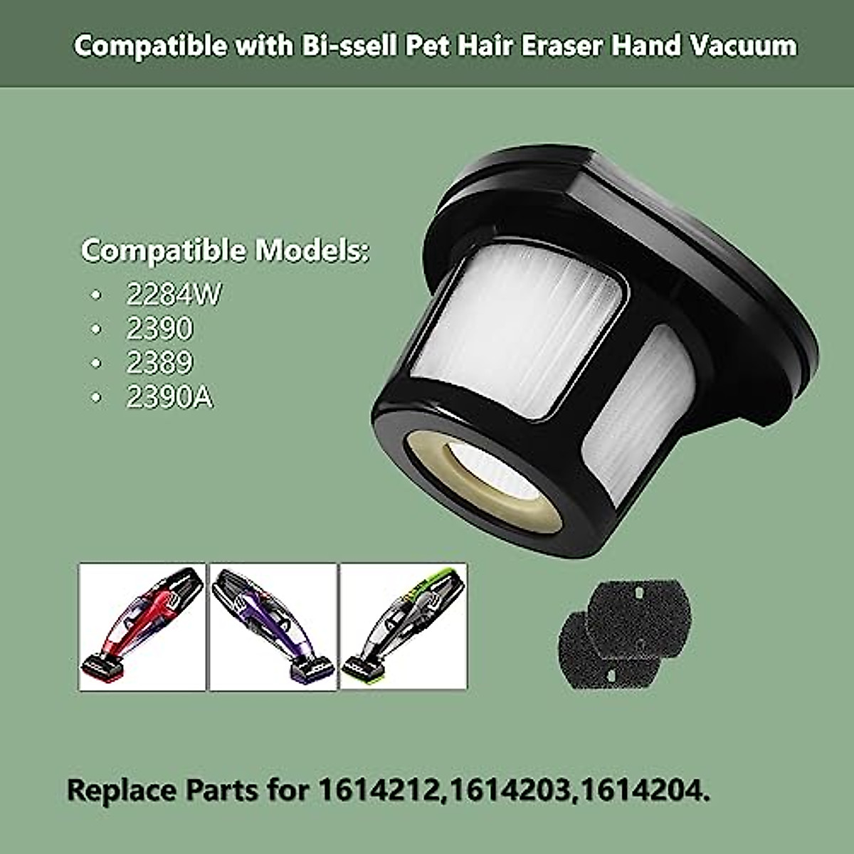 2284W Filter Compatible with Bi-ssell Pet Hair Eraser Hand Vacuum 2284W, 2390, 2389, 2390A, Replace Parts for 1614212, 1614203, 1614204, Pack 4 Filter and 8 Foam Filter