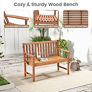 Giantex Outdoor Bench, Wood Patio Bench with Cozy Armrests & Backrest, Slatted Sitting Area, Eucalyptus Wood Frame, 2-Person Loveseat for Park, Porch, Yard, 800 lbs Max Load, Garden Bench (Eucalyptus)