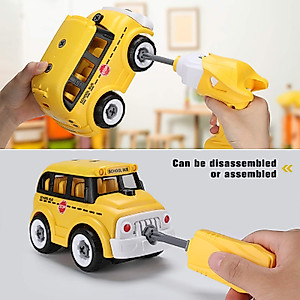 Hautton Take Apart Toy Remote Control School Bus with Toy Drill, Kids STEM Building Learning Toys Gift for Boys Girls 3-7 Years Old