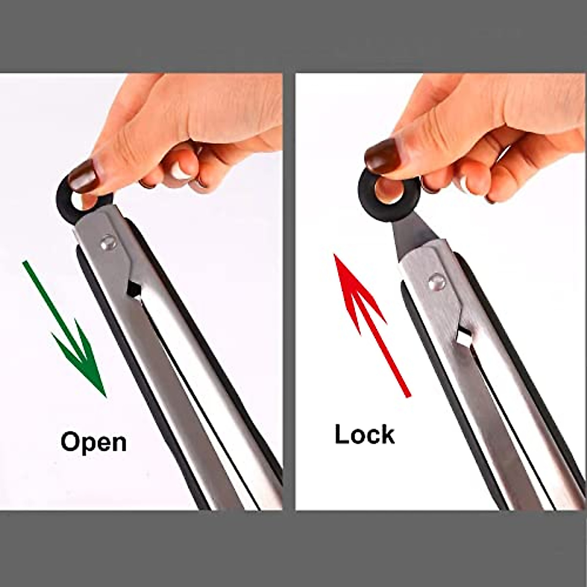 Akuzedos Kitchen Tongs,Stainless Steel Cooking Tongs Silicone Non-slip Grip, Locking Grilling Food Tongs Set of 2, 9" and 12"