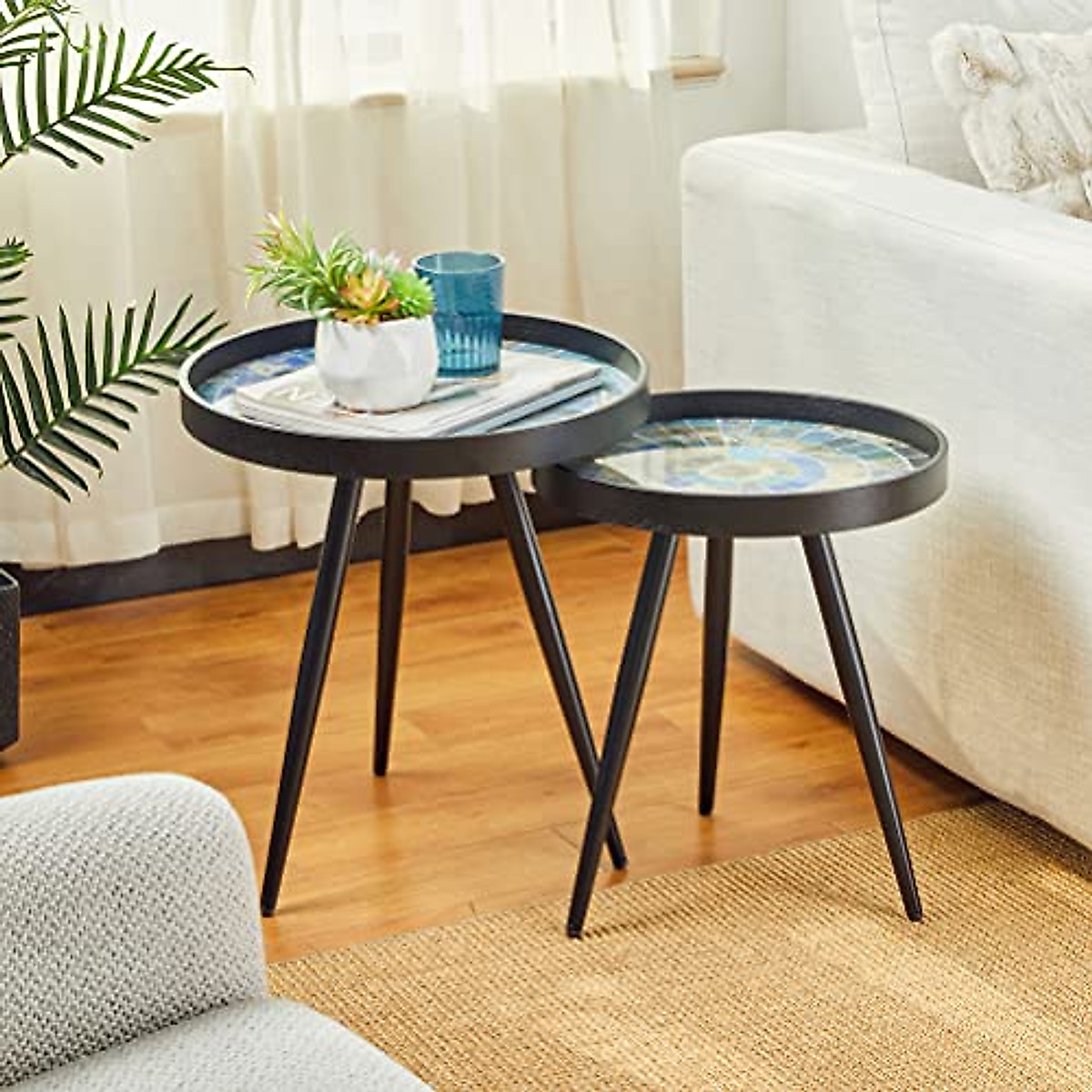 Glitzhome S/2 Modern Nesting End Table Set - Round Sofa Side Tables Living Room Accent Table Nesting Lamp Table with Mosaic Pattern Tray Top
