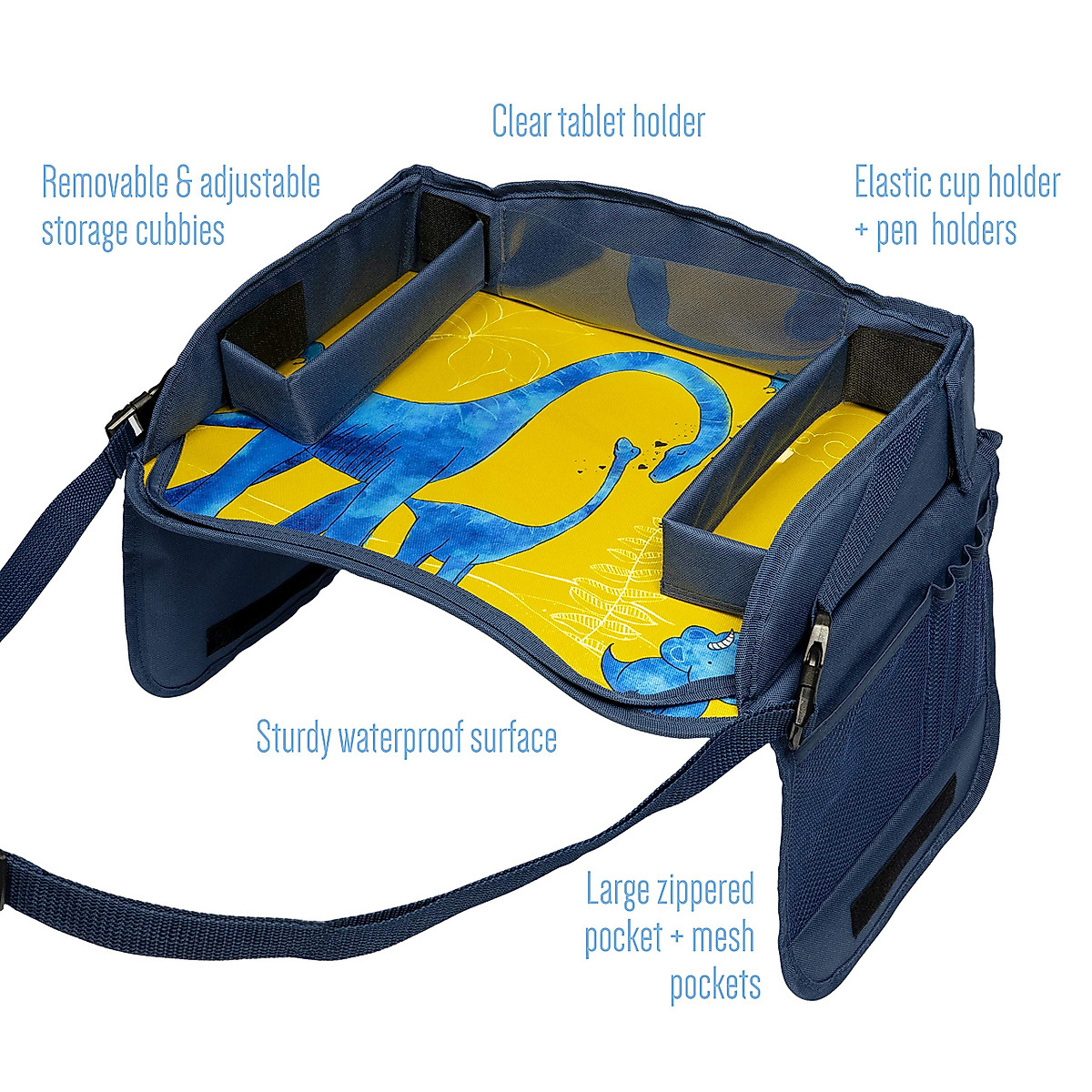 JumpOff Jo – Kids Car Seat Travel Tray, Kids Activity Tray, Activities for Travel, Cars, and Tables, Tablet Holder for Kids in The Car, 17" x 12” - Blue Dinosaurs