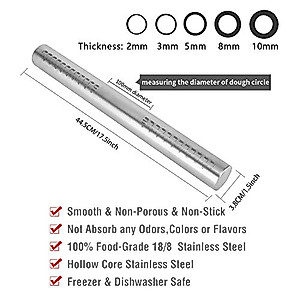 Adjustable Rolling Pin with Thickness Rings for Baking -Non Stick Stainless Steel Dough Roller Pin with Bands for Cookie,Wood,Wooden and Bread (Grey, 17.5'')
