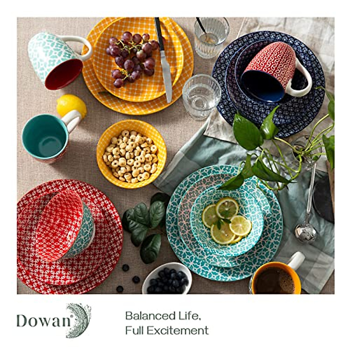DOWAN Ceramic Dinnerware Sets, 16 Pieces Dish Set for 4, Decorative Plates and Bowls Sets, Porcelain Dinner Salad Plates, Mugs and Soup Bowls Set for Kitchen, Housewarming Gift