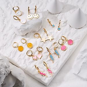 LieToi 9 Pairs Preppy Earrings Pack with Colorful Happy Smile Lightning Bolt Heart Star Charms Pendants Gold Small Huggie Hoop Dangle Earrings Trendy Y2K Preppy Jewelry Gifts for Teens Women