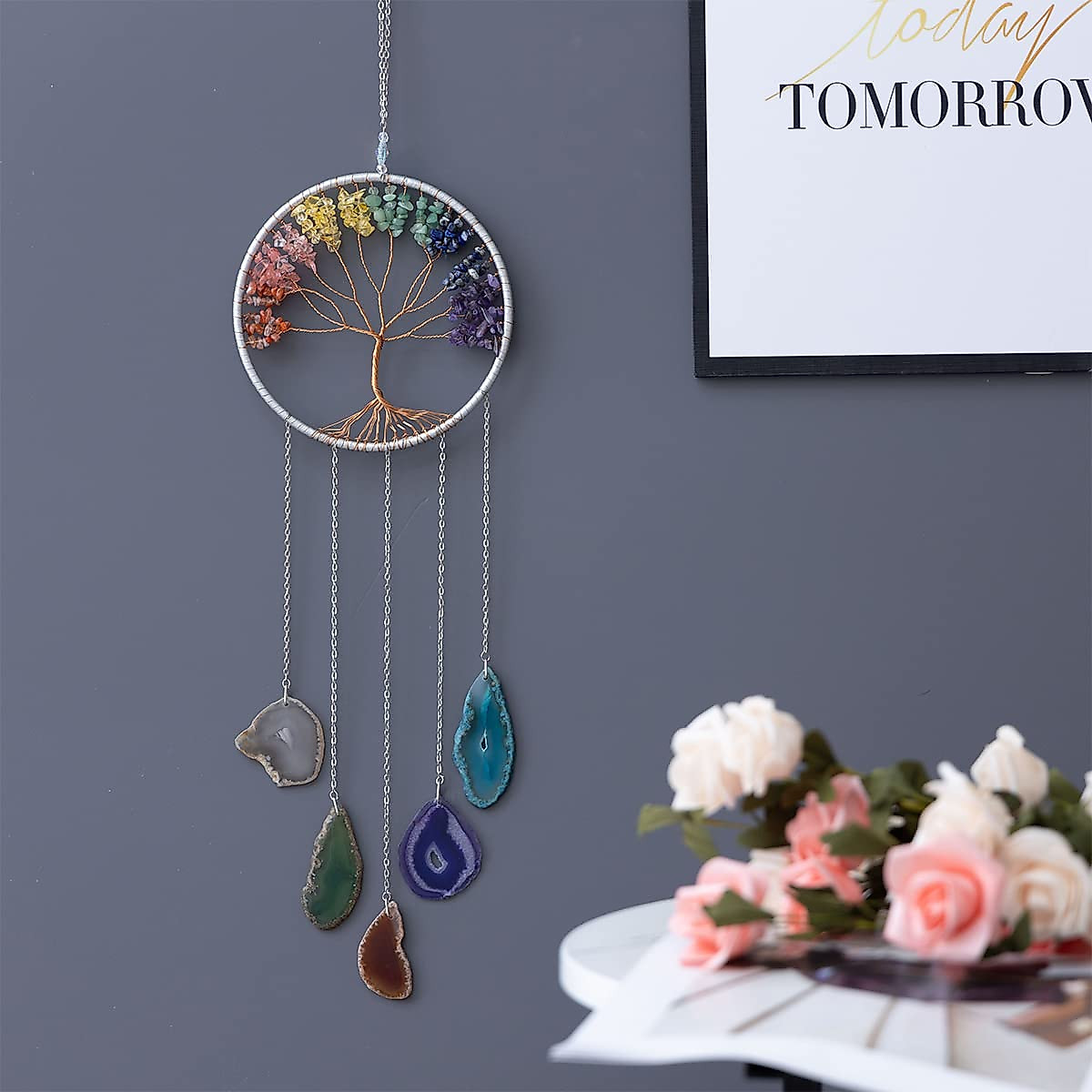 Gem Dream Catchers Agates 7 Chakra Gemstone Wall Hangings Tree of Life Meditation Ornament Home Chakra Feng Crystals Decor Stone…