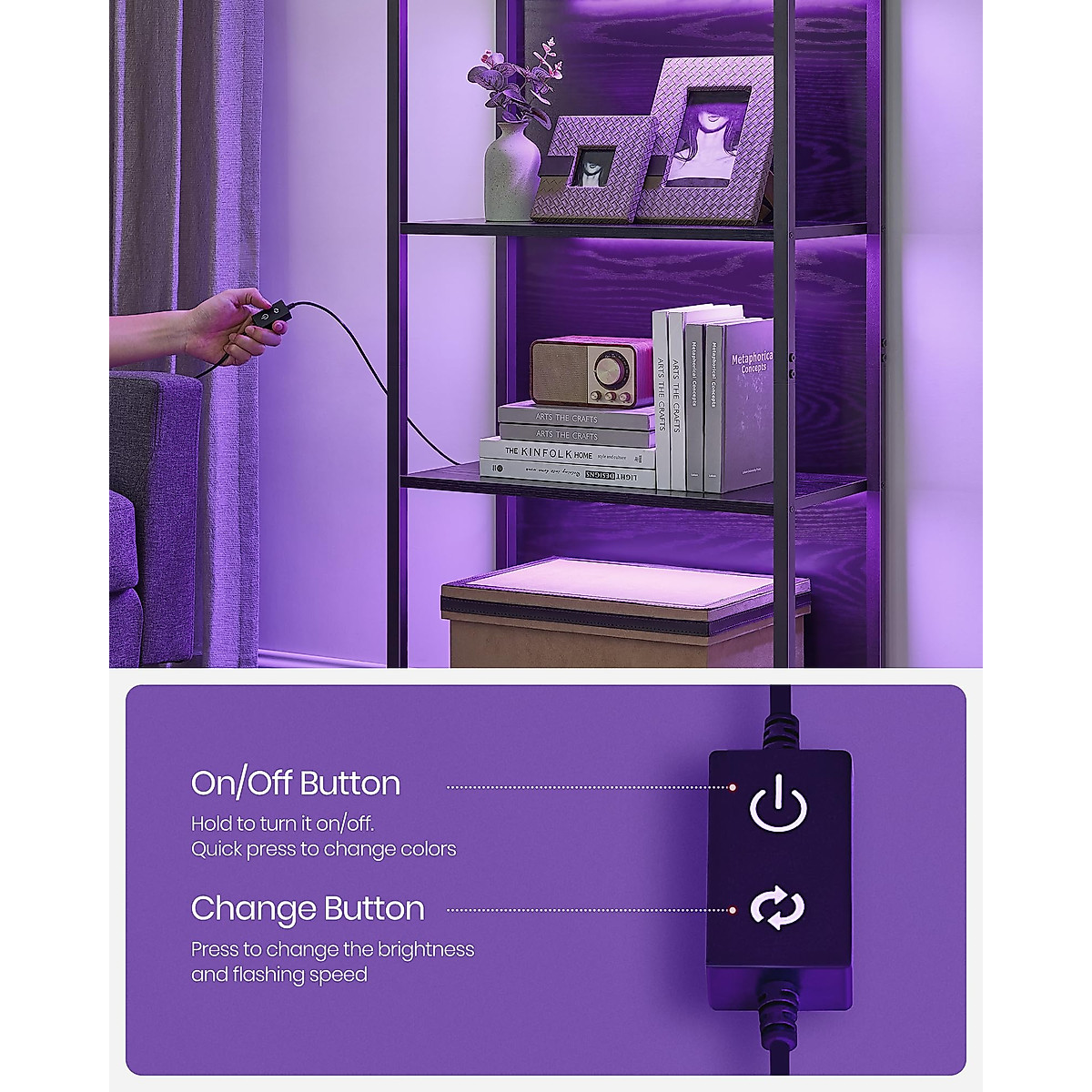 VASAGLE 6-Tier LED Bookshelf, Display Shelf with Dimmable Lights, LED Bookcase with Steel Frame, 11.9 x 23.6 x 70.3 Inches, for Living Room, Bedroom, Office, Black with Wood Grain ULLS120B56