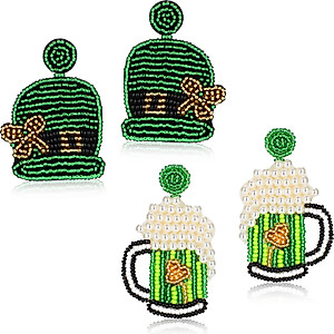 2 Pairs St. Patrick's Day Earrings Beaded Shamrock Hat and Beer Cup Drop Dangle St. Patrick's Day Clover Green Leaf Earring Irish Jewelry Gift for Girl Women Lucky Holiday Party Favors Accessories