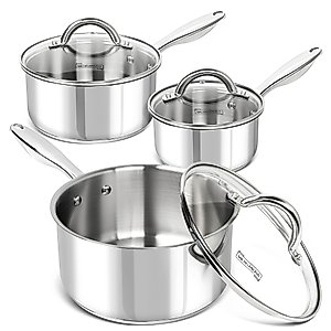 MICHELANGELO Saucepan Set 6pc, 18/10 Stainless Steel Sauce Pan with Lid, Tri-Ply Bottom Sauce Pot Set, Nonstick Saucepan, Induction Compatible, 1QT & 2QT &3QT
