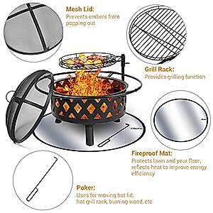 30 Inch Large Fire Pit with Cooking Grate for Outside, Ohuhu 2-in-1 Outdoor Wood Burning Fire Pits with Fireproof Mat, Mesh Lid & Poker, BBQ Grill Firepit for Patio Backyard Garden Camping Bonfire