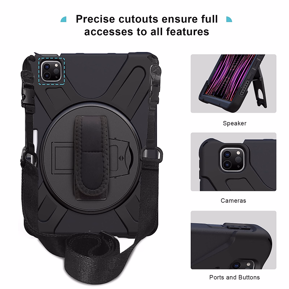 ProCase for iPad Pro 12.9 Inch Case 2022 2021 2020 2018, Rugged Heavy Duty Shockproof Cover with Hand Strap Shoulder Strap for iPad Pro 12.9" 6th 5th 4th 3rd Generation –Black