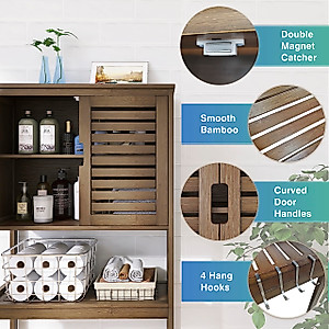 SMIBUY Bathroom Storage Shelf with Cabinet, Bamboo Over-The-Toilet Organizer Rack, Freestanding Toilet Space Saver with 3-Tier Adjustable Shelves (Walnut)