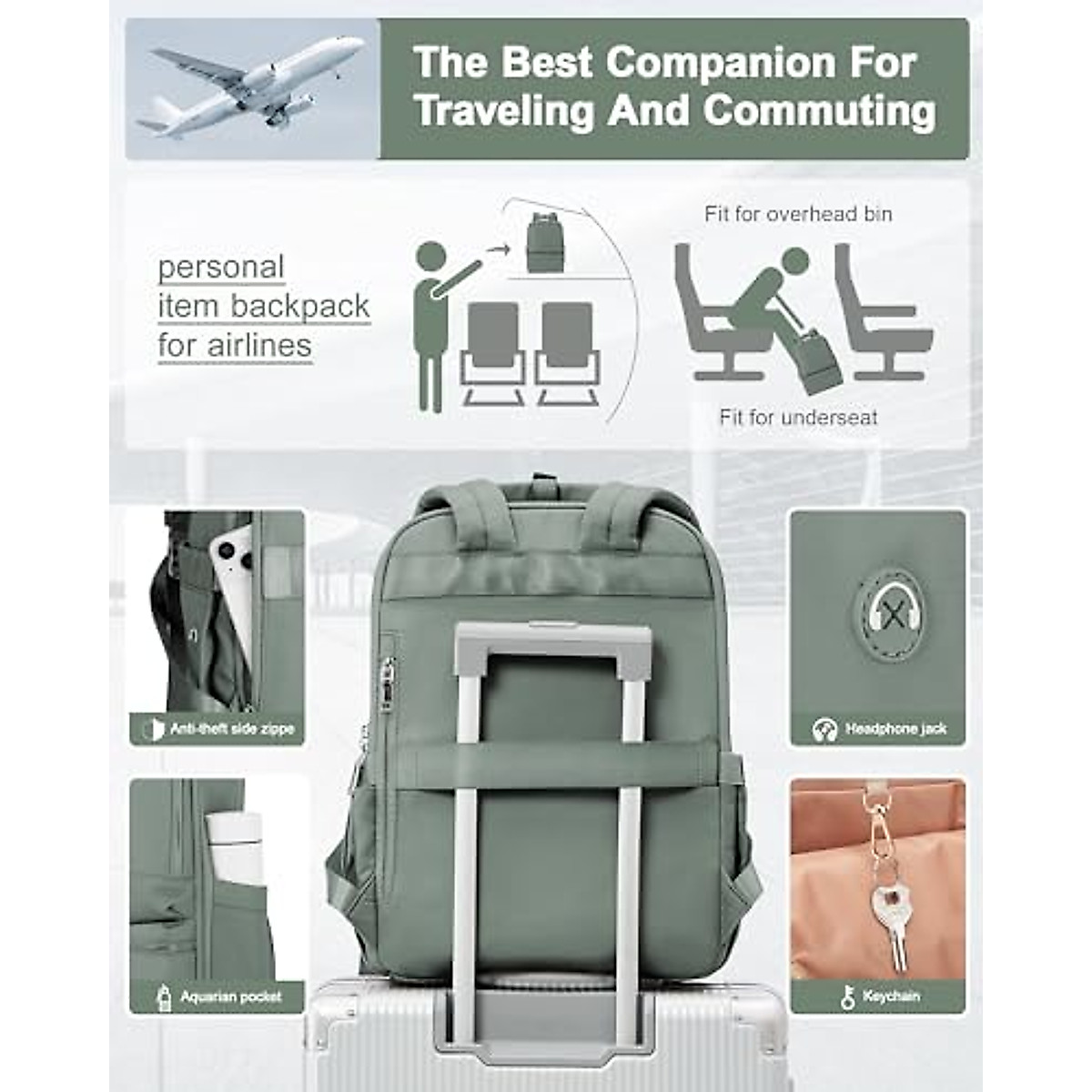 suratio Travel Laptop Backpack for Women Teacher Work Backpack Carry On Bags for Airplane Waterproof Backpack With Laptop Compartment Backpack for Traveling On Airplane Travel Essential Army Green