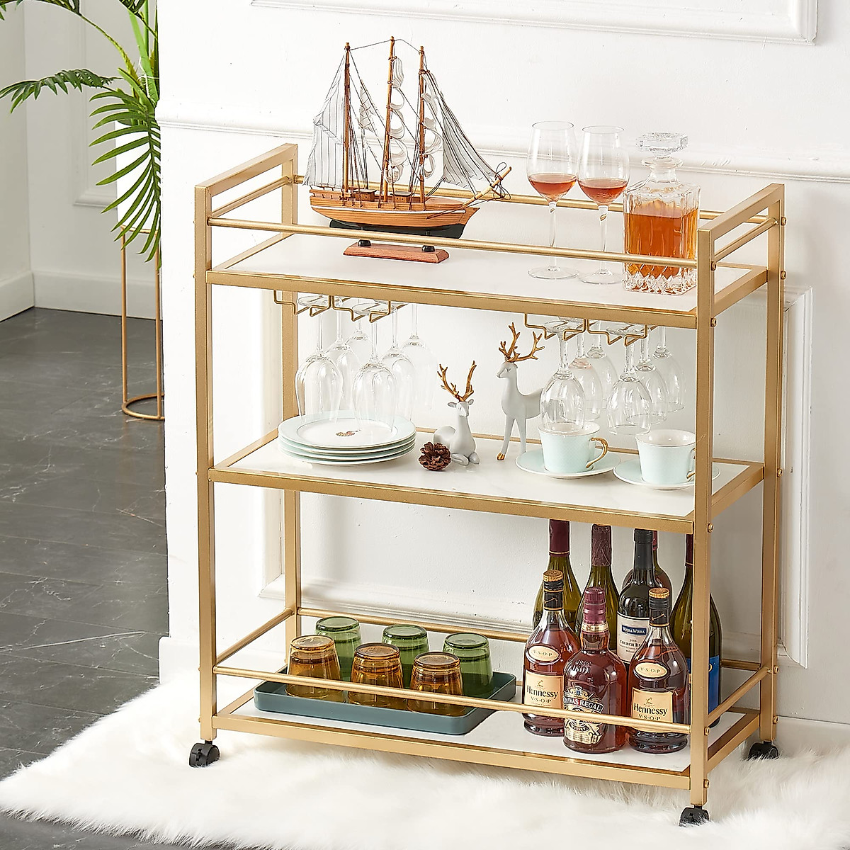 GOLASON Gold Bar Cart with 3 Shelves, Wine Glass Bottle Storage Bar Serving Cart with Wheels for Kitchen Living Room (31.5”W, White)