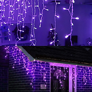 SDOUBLEM 13FT 96 LEDs Purple 8 Modes Memory Mode Icicle Light Window Curtain String Light Wedding Patio Home Garden Bedroom Outdoor Indoor Party Decorations