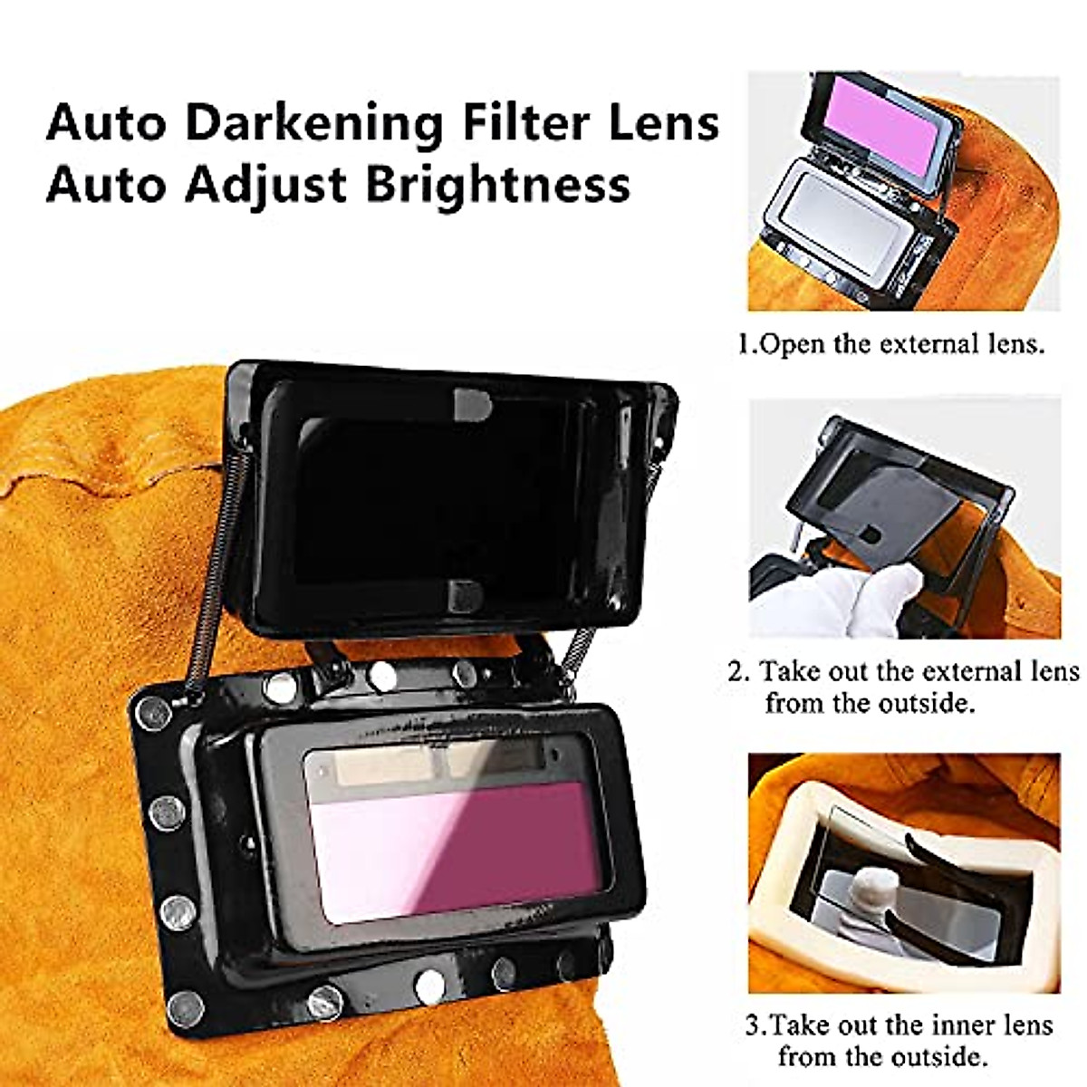 Leather Welding Mask, Leather Welder Hood Leather Mask Welder Helmet with Auto Darkening Filter Lens, Work Cap Welding Helmet, Yellow (Full Face+Neck Shoulder Coverage)