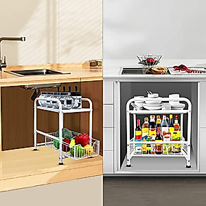 Under Sink Organizers and Storage, Nevfiro 2-Tier Pull Out Sliding Drawer Under Sink Shelf Organizer Metal Cabinet Basket Organizer for Kitchen Bathroom Countertop Laundry