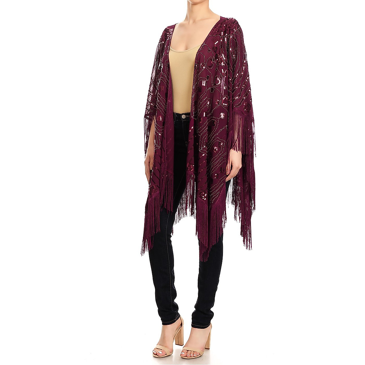 Anna-Kaci Womens Oversized Gatsby Hand Beaded Fringed Sequin Evening Shawl Wrap, Burgundy, Onesize