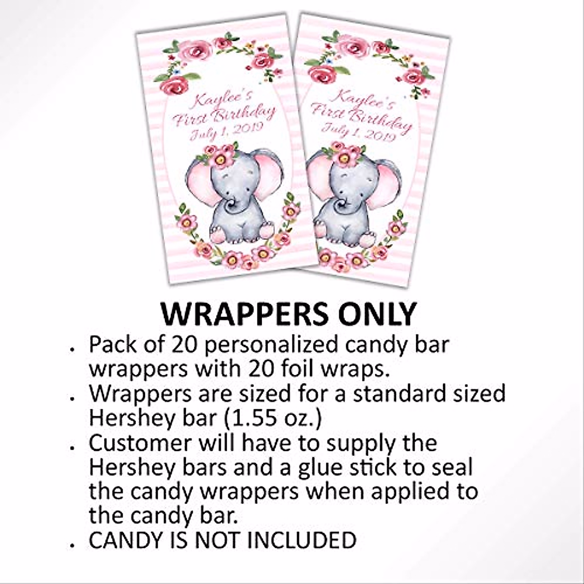 Personalized Candy Wrappers for Chocolate, Elephant Baby Shower Favors, Pack of 20 Custom Hershey Bar Labels