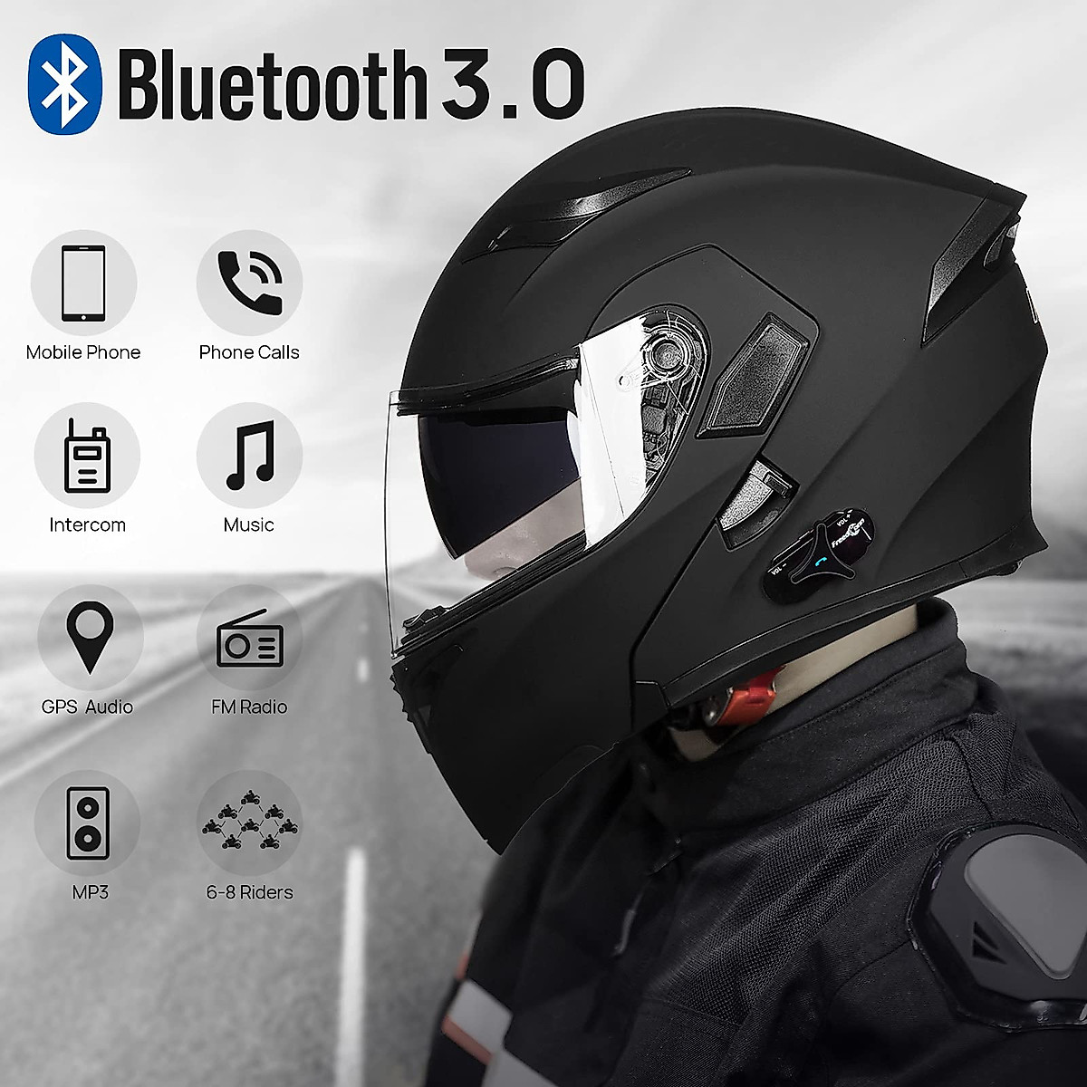 ILM Bluetooth Motorcycle Helmet Modular Flip up Full Face Dual Visor 6 Riders Group Intercom Mp3 FM Radio DOT Model 902BT PRO(Matte Black, Large)