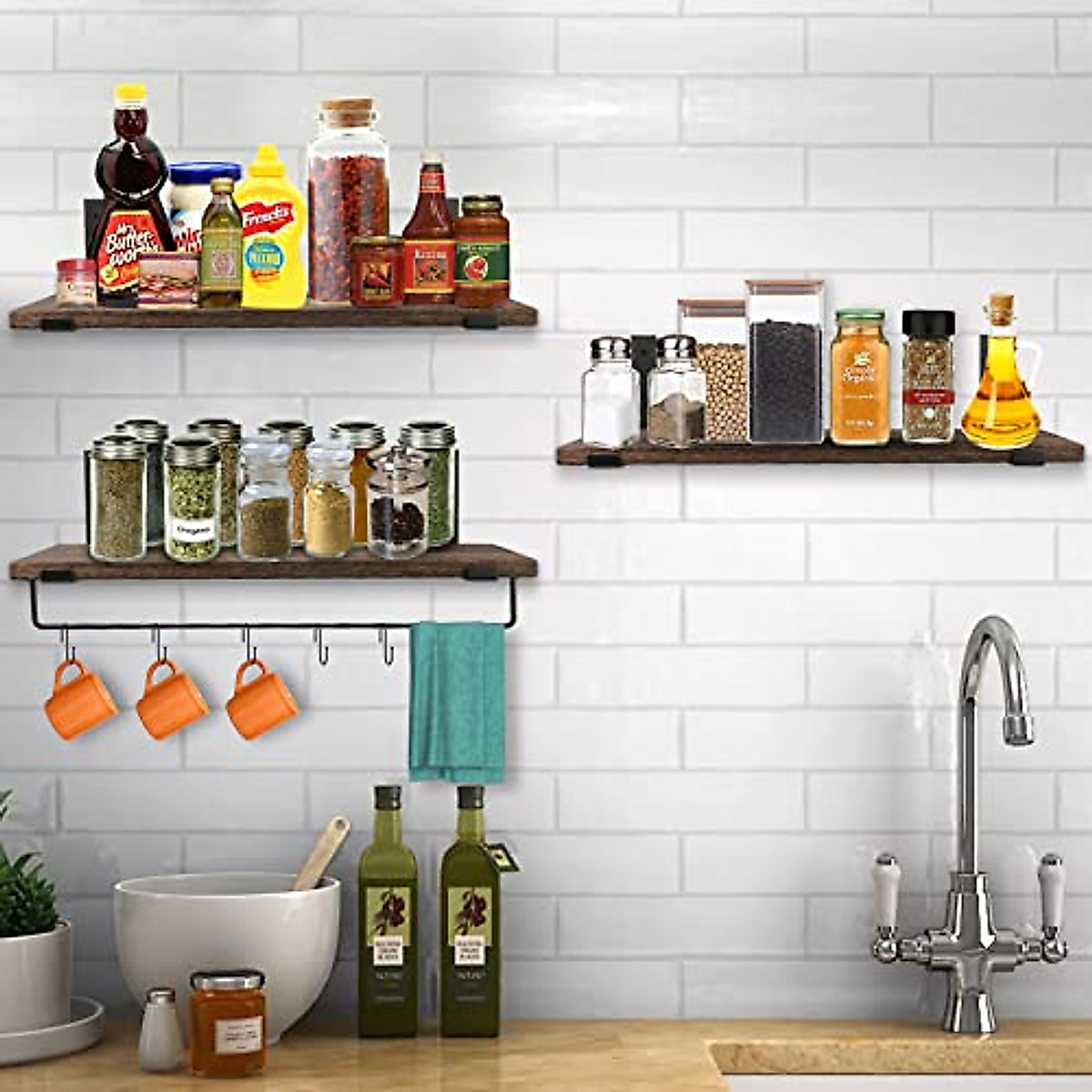 iPeTata Floating Shelves, Wall Mounted Rustic Wood Wall Storage Shelves for Bathroom, Bedroom, Kitchen, Living Room, Office and Coffee Bar Wine Bar, with Towel Bar and 5 Hooks, Set of 3 (Brown)