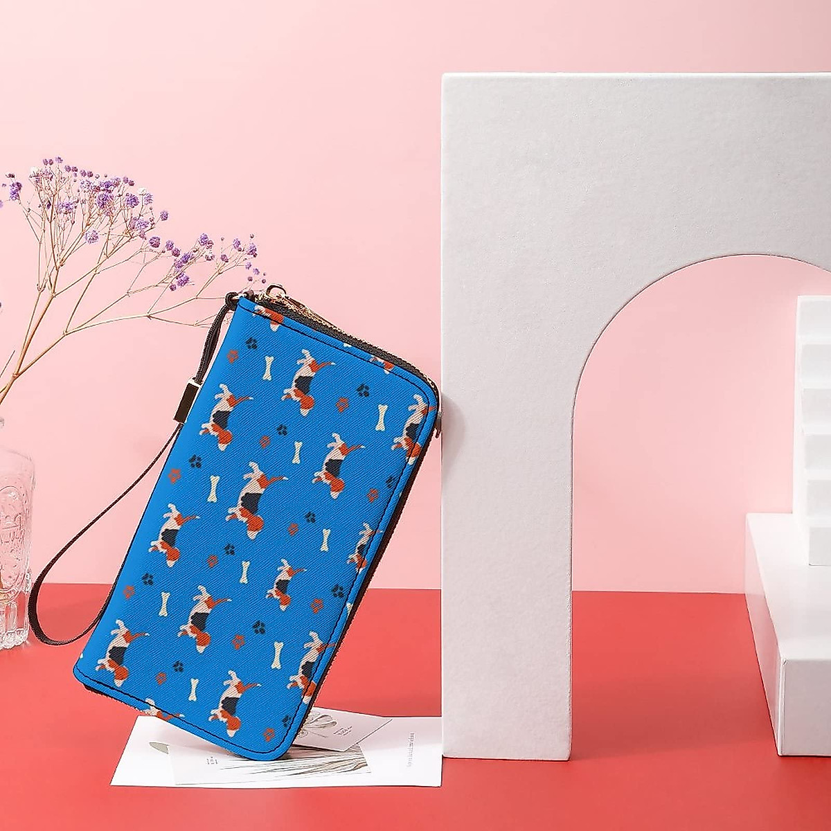 Cartoon Basset Hound PU Leather Clutch Wallets Long Zip Purse Tote Handbag With Removable Wristlet For Women Girl's