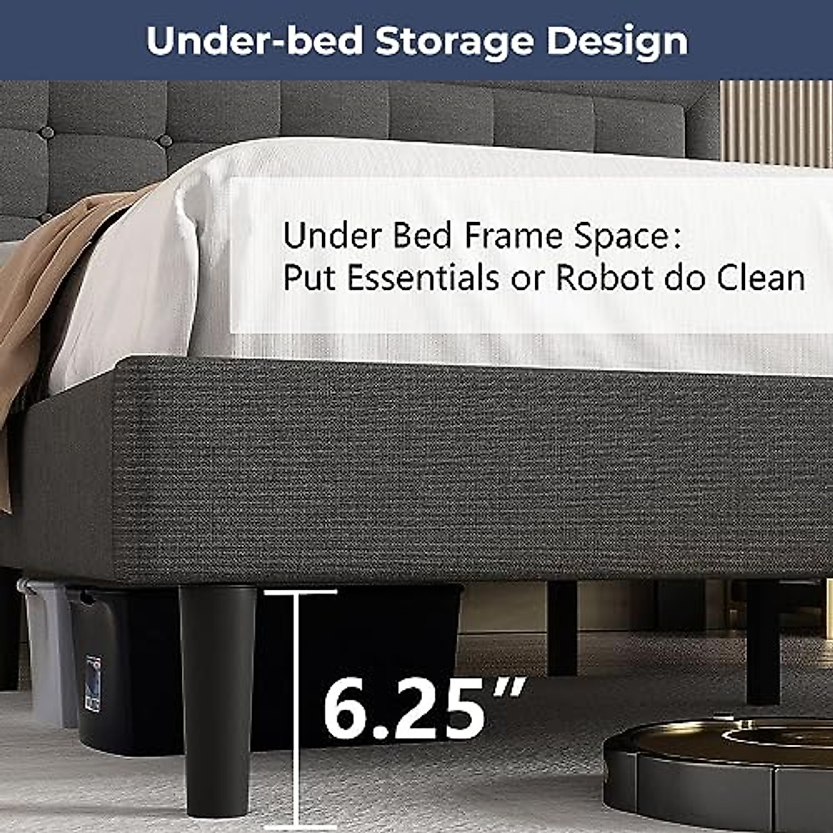 IULULU Full Bed Frame, Upholstered Platform Bed Frame with Linen Fabric Headboard, Full Size Mattress Foundation with Wooden Slats Support, Easy Assembly, No Box Spring Needed, Dark Grey