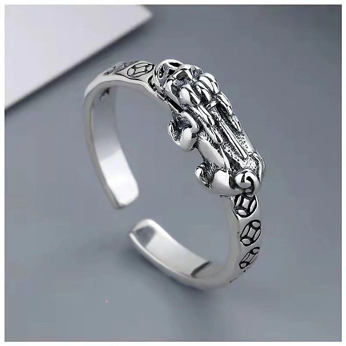 JUNTEN Sterling Silver Feng Shui Pixiu Rings for Men Women Good Lucky Wealth Ring Open Adjustable Ring