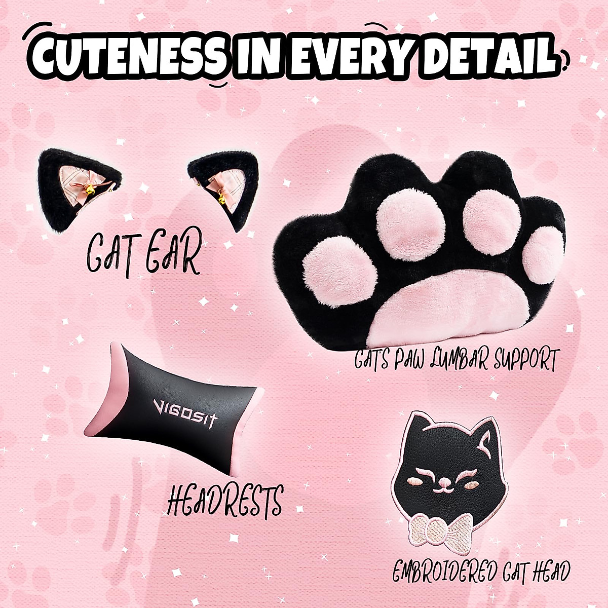 Vigosit Cute Gaming Chair with Cat Paw Lumbar Cushion and Cat Ears, Ergonomic Computer Chair with Footrest, Reclining PC Game Chair for Girl, Teen, Black Pink