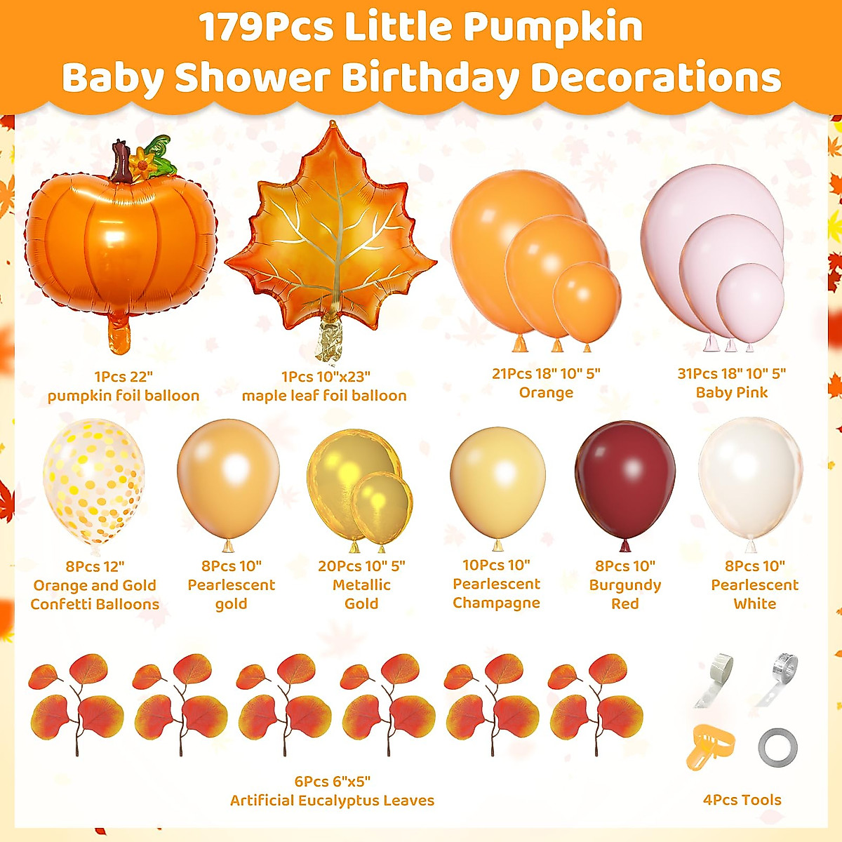 179Pcs Little Pumpkin Balloons Birthday Decorations, Fall Orange Balloon Garland Arch Kit String Lights Maple Eucalyptus Leaves 1st Girl Baby Shower Autumn Thanksgiving Gender Reveal Party Supplies