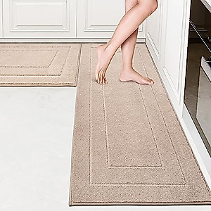 PURRUGS Machine Washable Kitchen Rug Set of 2, Non-Slip/Skid Kitchen Runner Rugs & Floor Mats, Super Absorbent Soft Standing Mats for Kitchen, Sink & Laundry, Beige