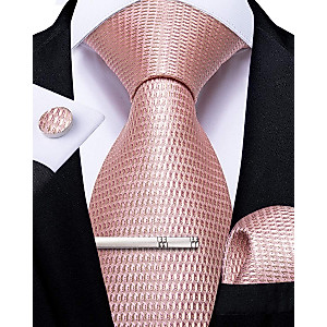 DiBanGu Mens Silk Tie and Bowtie Lapel Pin Tie Clip Set Paisley Solid Necktie and Pocket Square Cufflinks for Wedding Party, Blush Pink