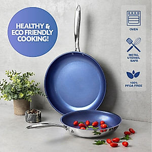 Granitestone Blue Non Stick Frying Pan, 10” Stainless Steel Pan for Cooking, Induction Frying Pan Nonstick, Egg Pan, Easy Cleanup, Stay Cool Handle, Ultra Durable, Oven Dishwasher Safe 100% Toxin Free