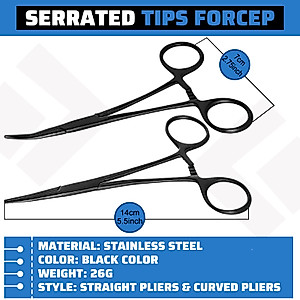 BBTO 2 Pcs Hemostat Curved and Straight Hemostat Forceps Piercing Pliers Forceps, Stainless Steel Straight and Curved Pliers, Fishing Tweezer Hemostats (Black)
