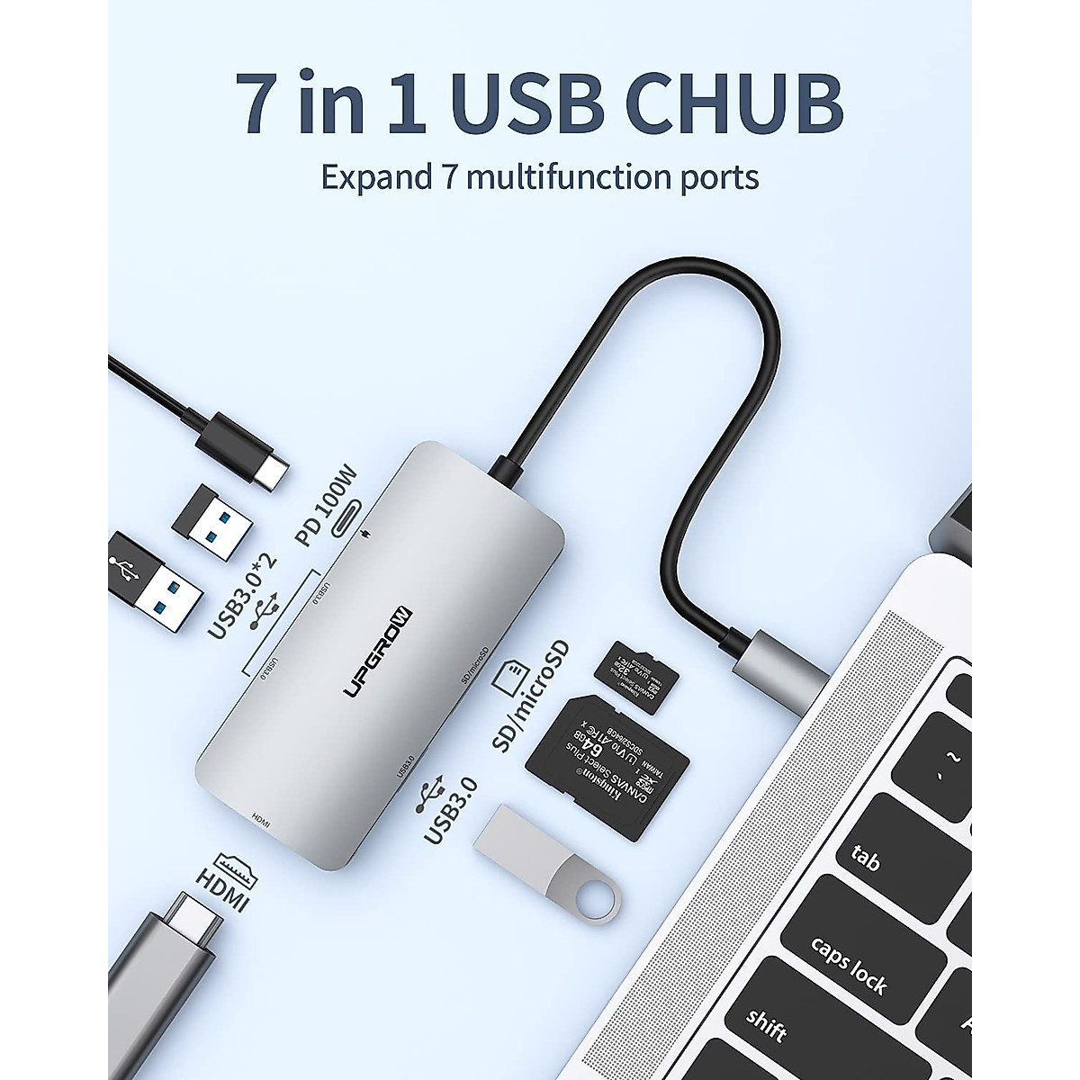 USB C Hub 7in1 UPGROW MacBook Pro Adapter USB C Dongle, 4K HDMI USB3.0 SD/TF Card Reader 100W PD (Latest Version)