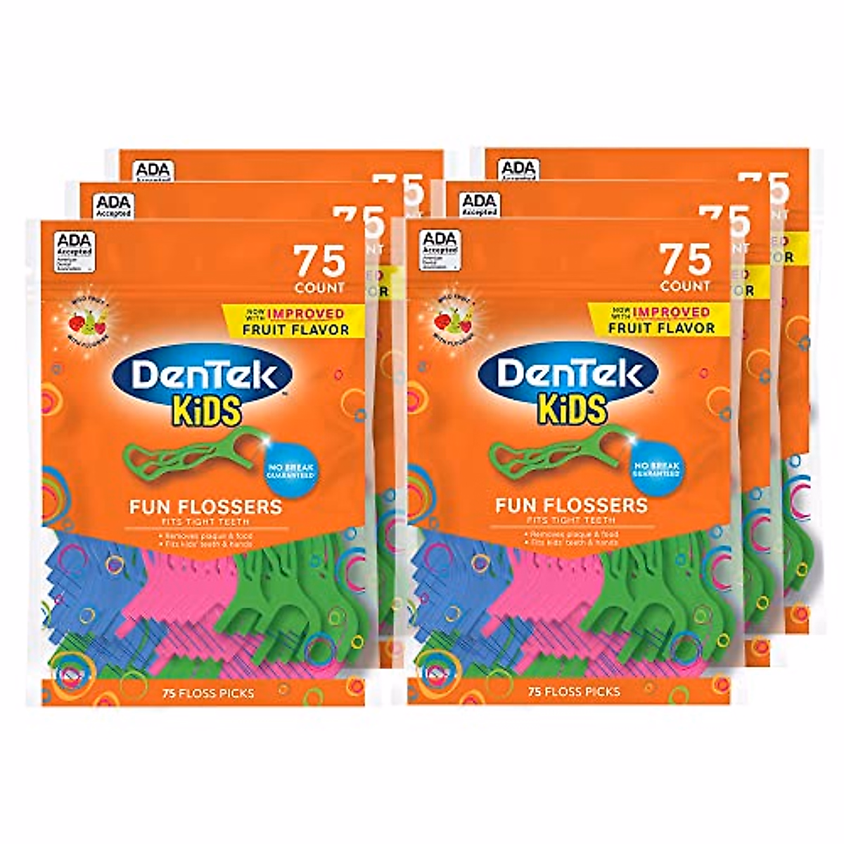 DenTek Kids Fun Flossers, Removes Food & Plaque, Wild Fruit Flavored Floss Picks, 75 Count, 6 Pack