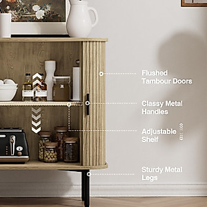 31''W Natural Buffet Sideboard Cabinet with Storage, Fluted Storage Cabinet Black with Curvy Edge; Sliding Door, Freestanding Accent Cabinet, Credenza, Console Table for Living Room, Kitchen, Hallway