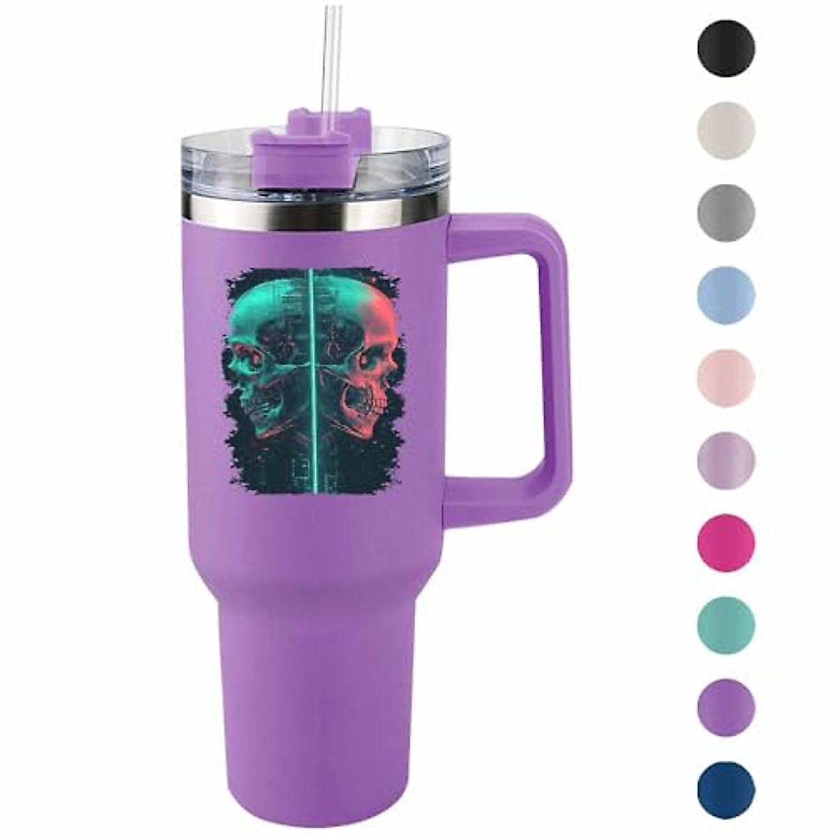 LB LEOBON 40 ounce insulated cup with handle, double-layer vacuum stainless steel material, equipped with straw, can keep warm or maintain cold drinks Neone Poppe Skeletons 2 Deep purple