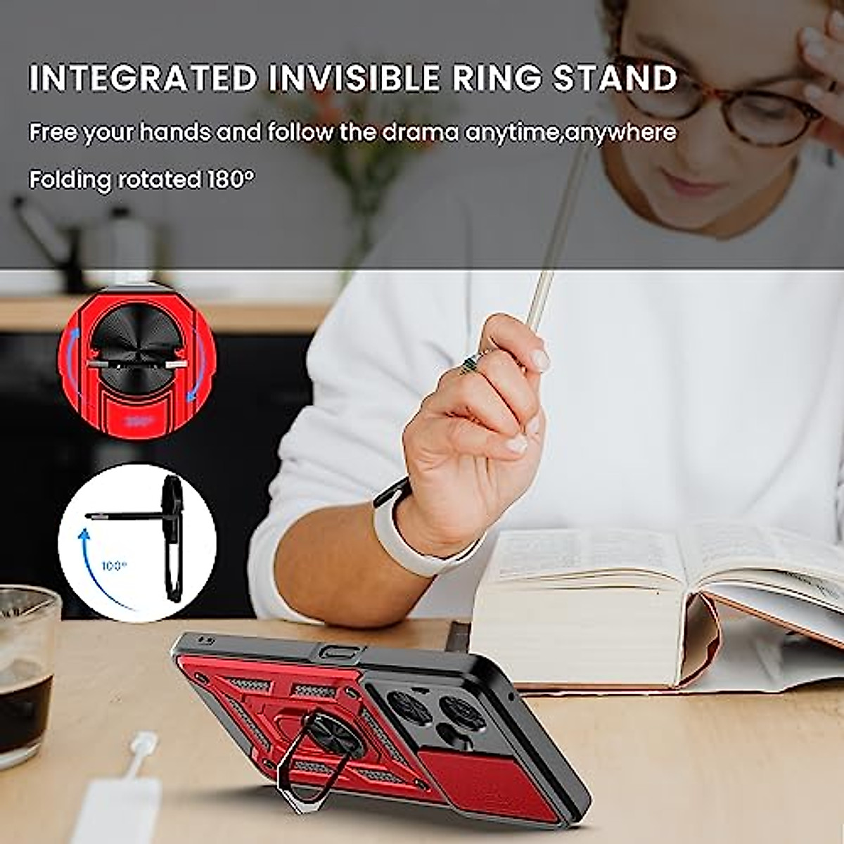 Dretal for OnePlus Nord N30 5G Case, with Stand Kickstand Ring and Camera Cover with Tempered Glass Screen Protector, Military Grade Shockproof Protective Cover for OnePlus N30 5G(Red)